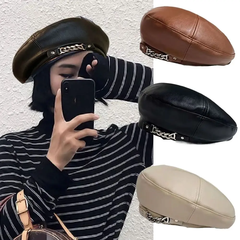 PU-Leather-Beret-Hat-Artist-Hat-Retro-Solid-Color-Newsboy-Caps-Fashion ...