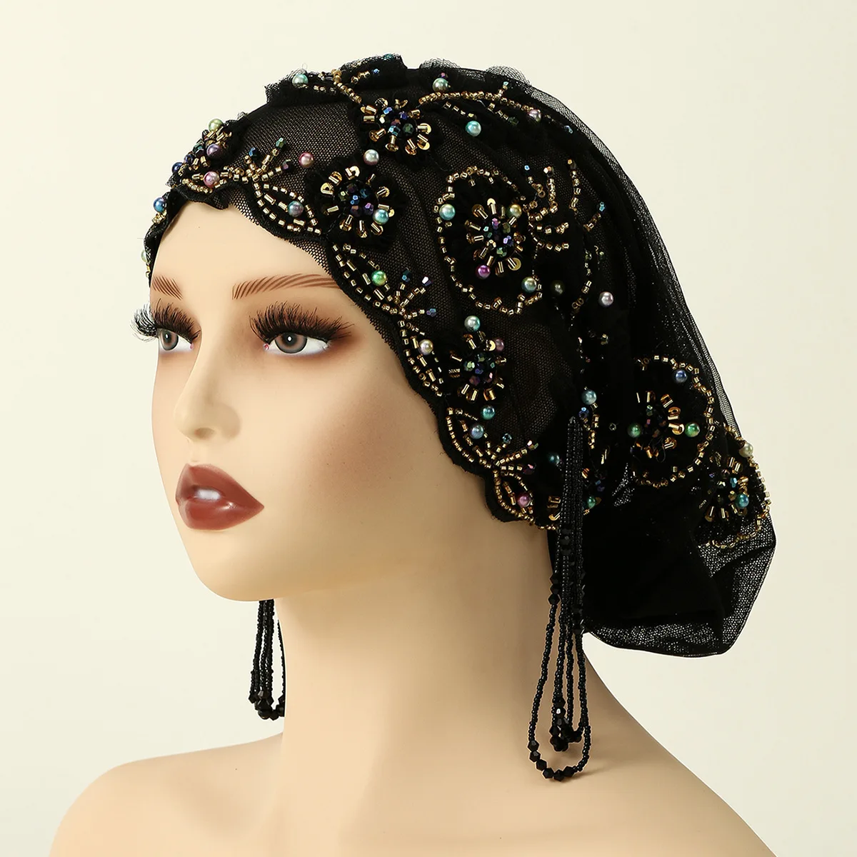 New Luxury Women's Hijabs Mesh Fabric Bead Tassel Hat with Diamond ...