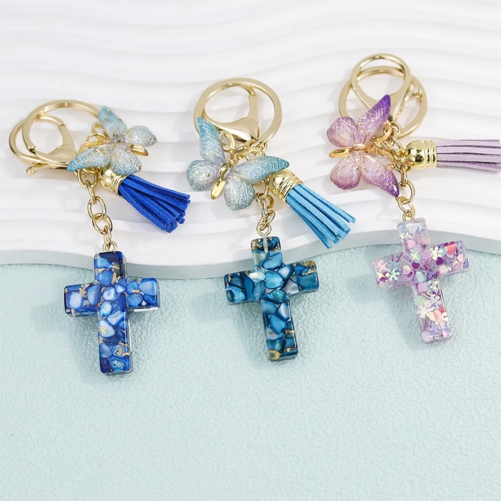 Fashion-Sequin-Filled-Cross-Keychain-Crystal-Resin-Butterfly-Tassels ...
