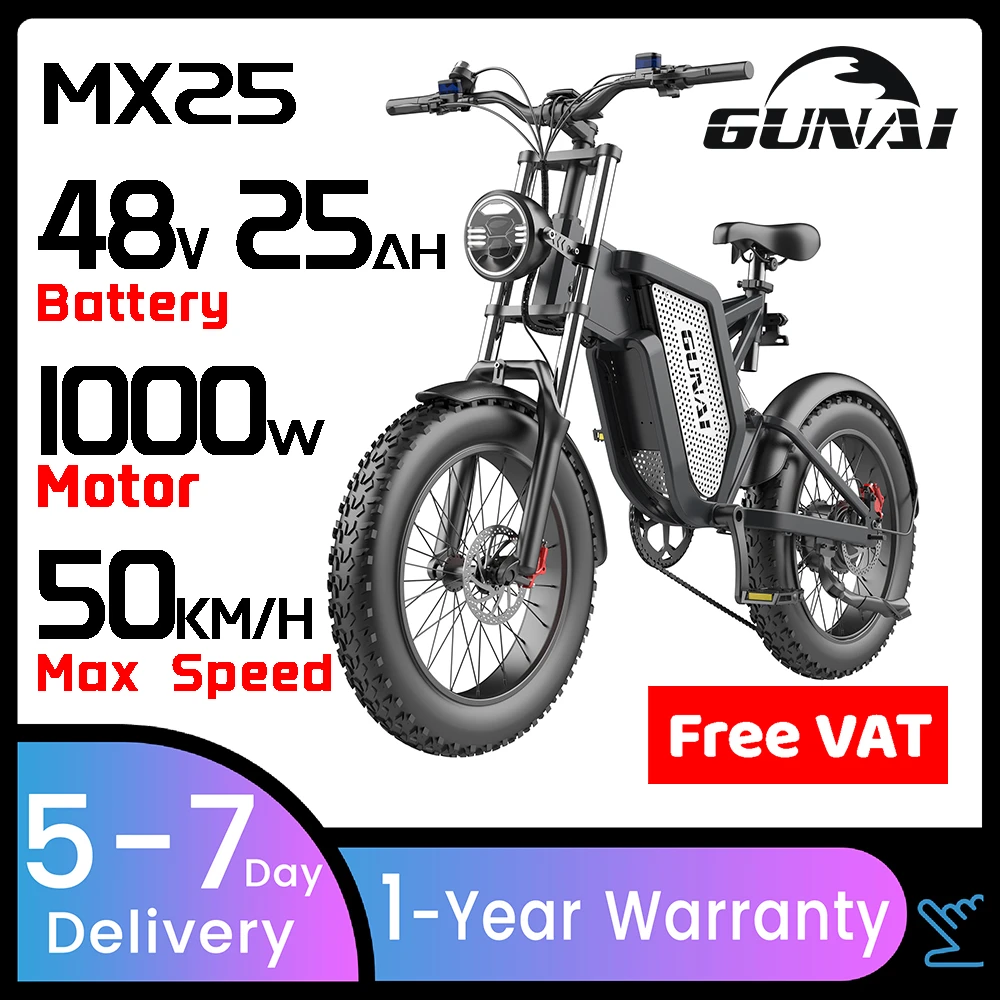 GUNAI MX25 Electric Bike 1000W 48V 25AH Electric Bicycle 4.0*20 Inch Fat Tire Off Road Ebike ...
