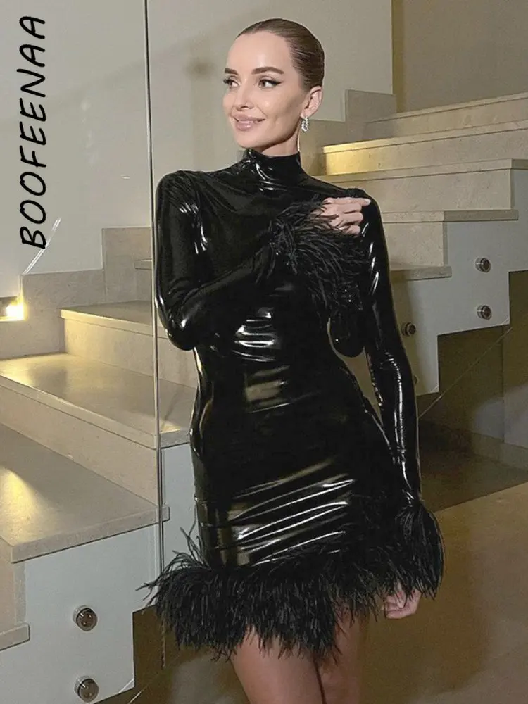 BOOFEENAA-Latex-PU-Leder-Kleid-mit-Pelzigen-Faux-Pelz-Trim-Winter-Mode ...