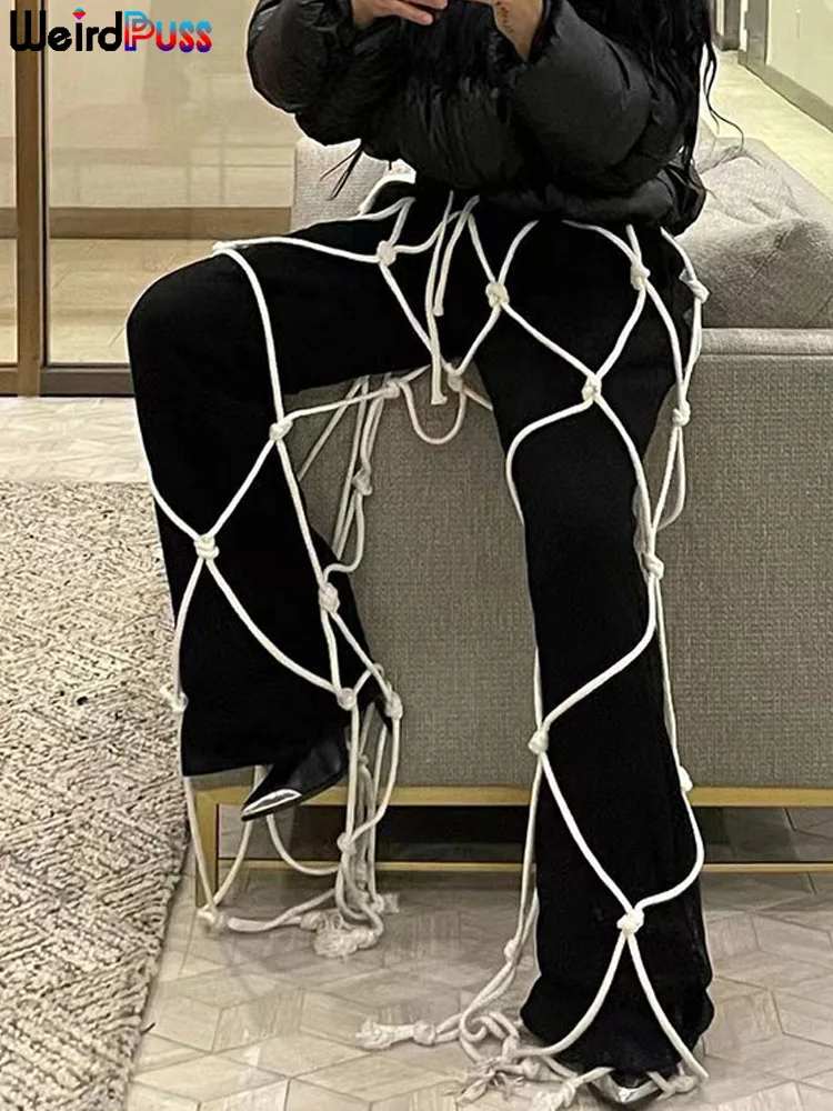 Weird-Puss-Rope-Spliced-Women-Flare-Pants-Draw-String-Pockets-2023 ...