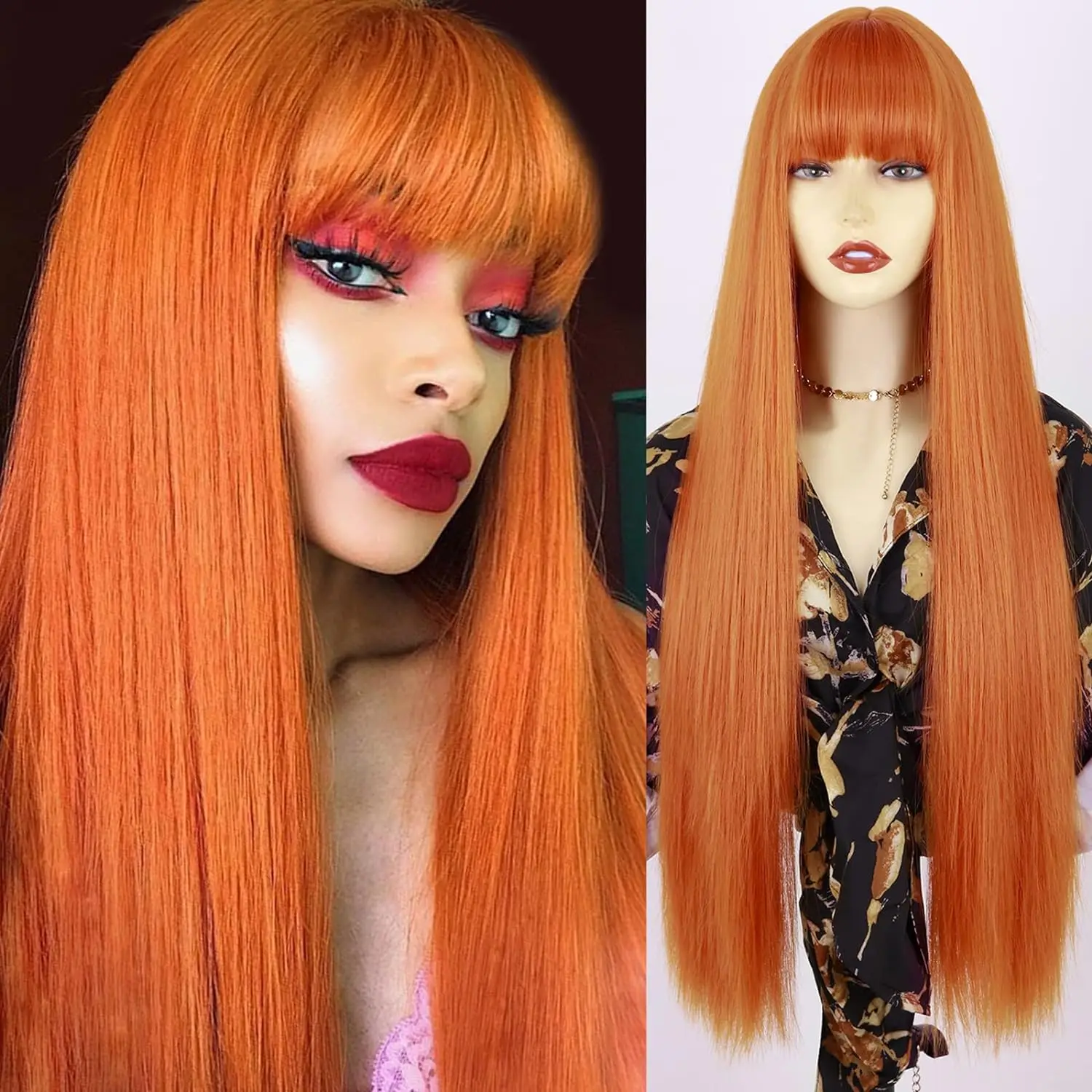 Long Orange Wig with Bangs,Straight Orange Wigs for Women,30 Inch ...