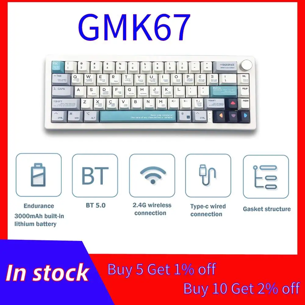 GMK67 핫 스왑 가능 기계식 키보드 가스켓 키트 RGB 백라이트 블루투스 테스터 2.4G 무선 3 모드 키보드, 스위치 없음 ...