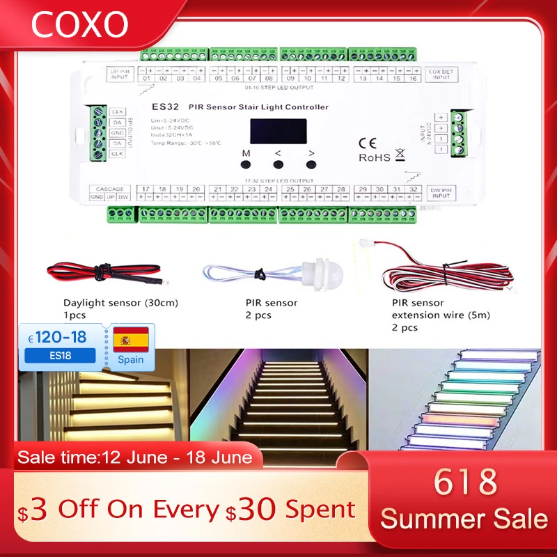 Controlador de escalera ES32, Sensor PIR, 32CH, Color único, 2CH, RGB ...