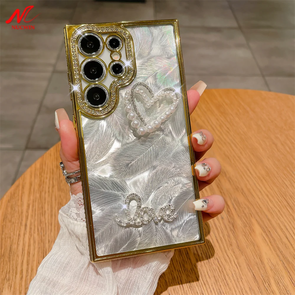 S24-Ultra-Case-Luxury-Aurora-Feather-Love-Heart-Pearl-Bling-Diamond ...