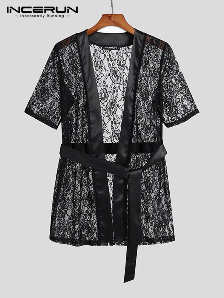 INCERUN Men Mesh Robes Lace See Through Short Sleeve Lace 2023 Sexy ...