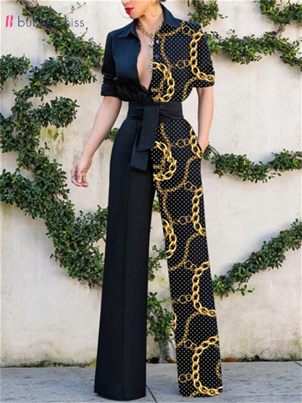 BubbleKiss Summer Fashion Bodysuit Print Lapel Short Sleeve Sexy Jumpsuits Women Straight ...