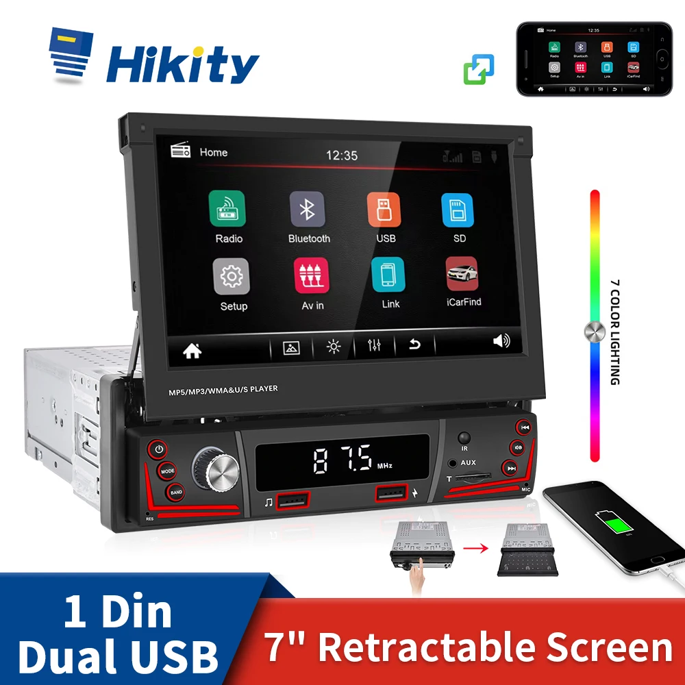 Hikity 1 din rádio do carro 7 "tela retrátil universal mp5 player de vídeo multimídia bluetooth ...