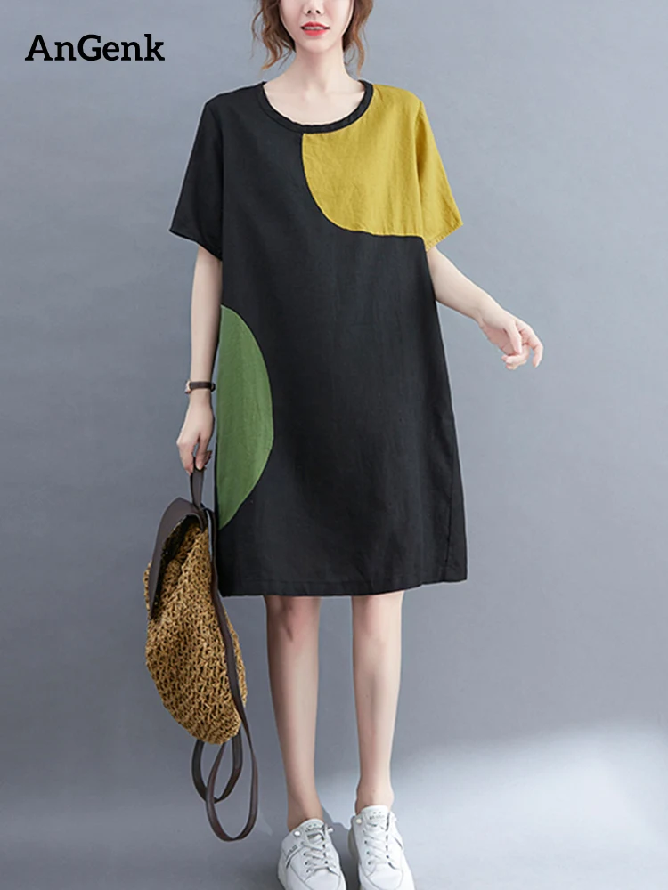 Vestido de verano de manga corta con cuello redondo para mujer, ropa informal, holgada, Midi ...