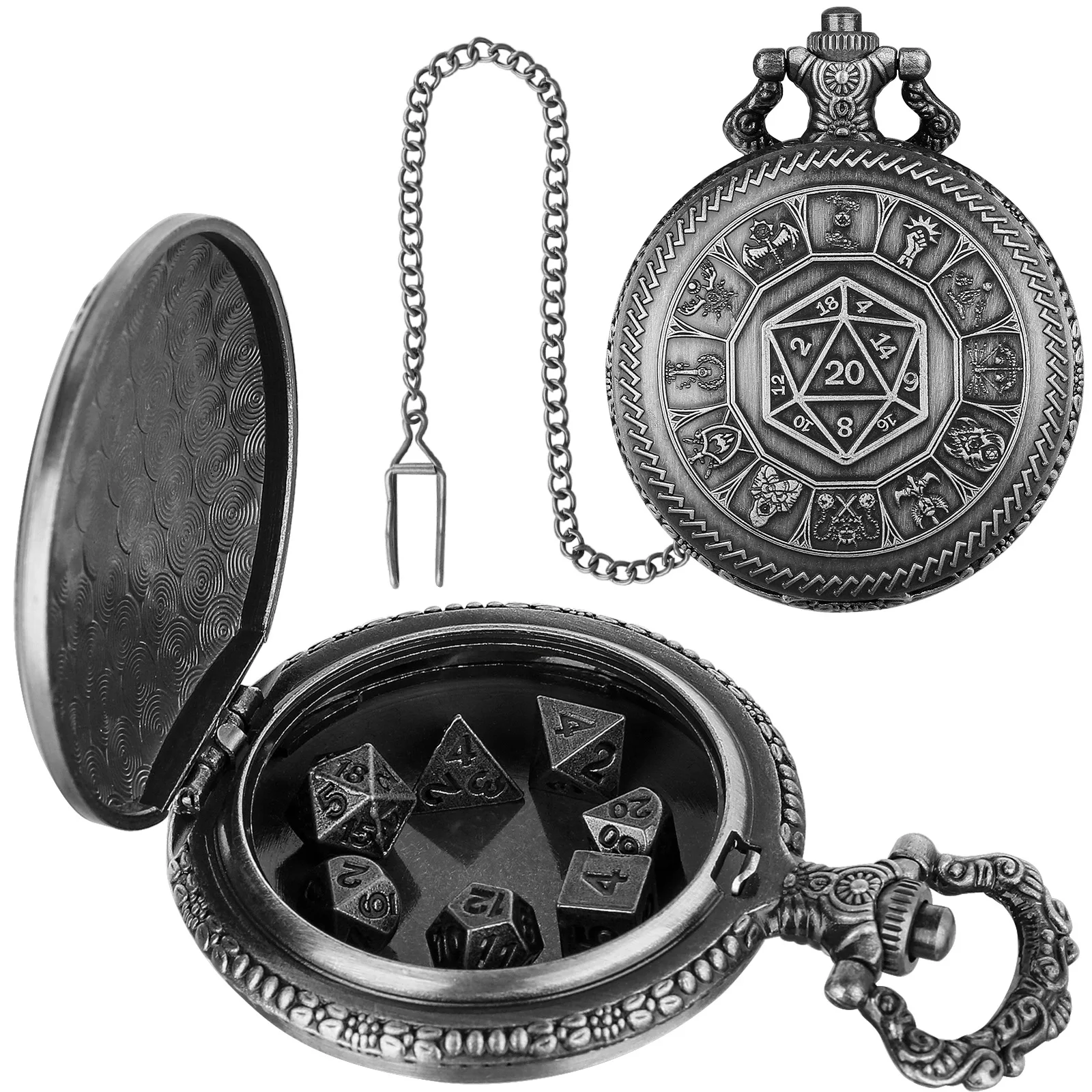 D20-Dice-Pattern-Pocket-Watch-Dice-with-7pcs-Mini-Dices-Small-Dice ...