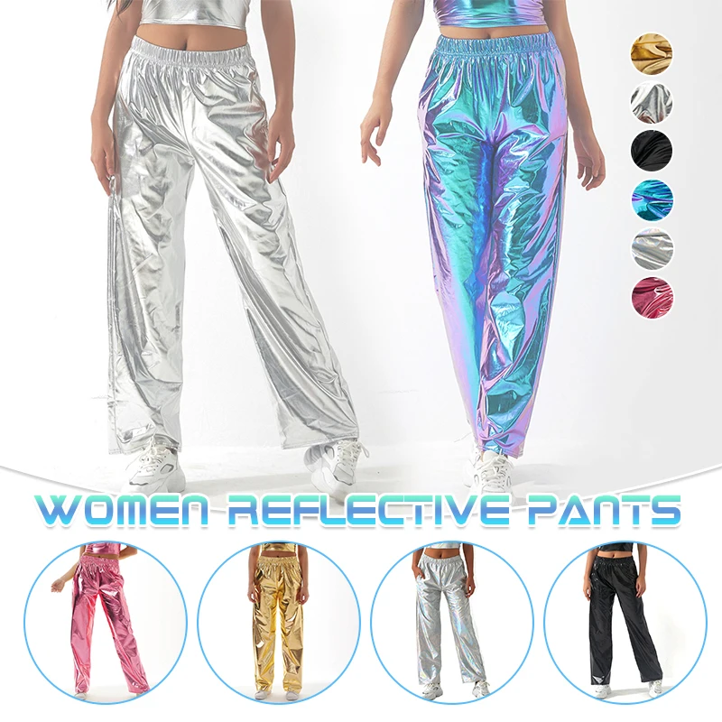 Women-Shiny-Straight-Leg-Pants-Casual-Reflective-Holographic-Disco ...