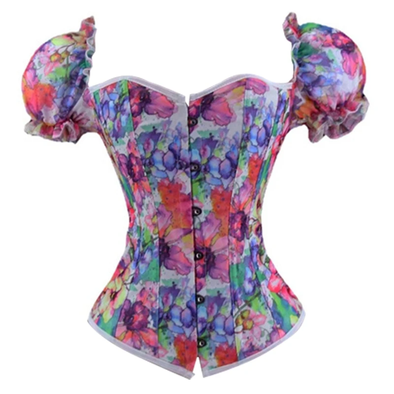 Women Ruffle Puff Short Sleeve Overbust Bustier Top Colorful Flower ...