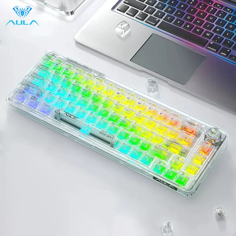AULA F68 Teclado Bluetooth sem fio, Teclado com fio transparente, 68 teclas, RGB Hotswap, 2.4G ...