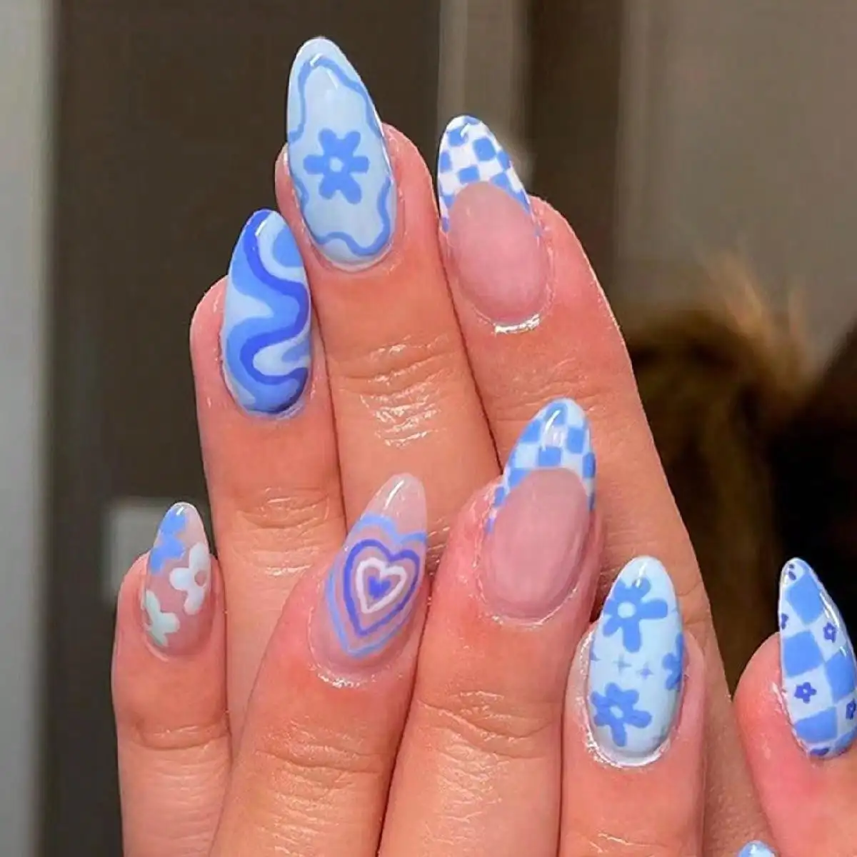 ARTAUG 24PCS Medium Almond Blue High Saturation Nail Fingertip French ...