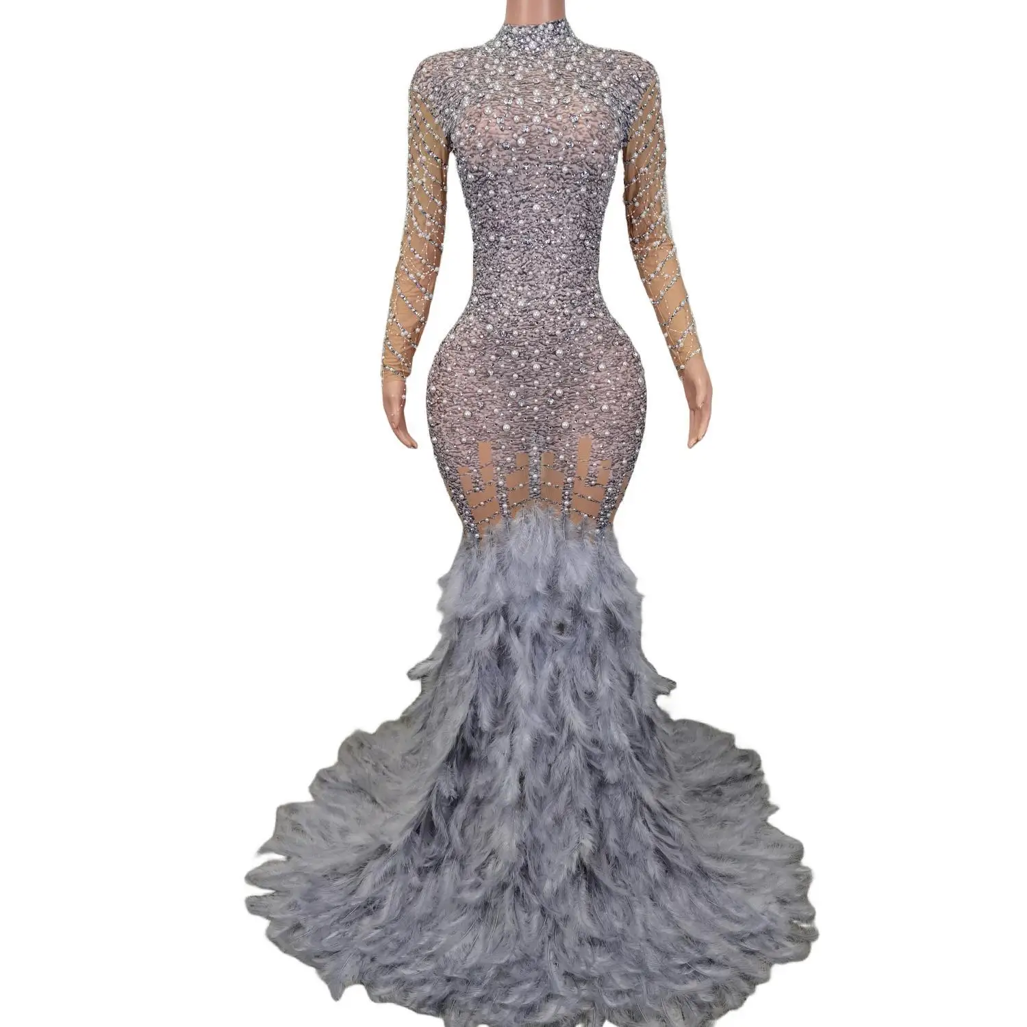 Sexy-Rhinestones-Transparent-Long-Feather-Dress-Birthday-Celebrate ...