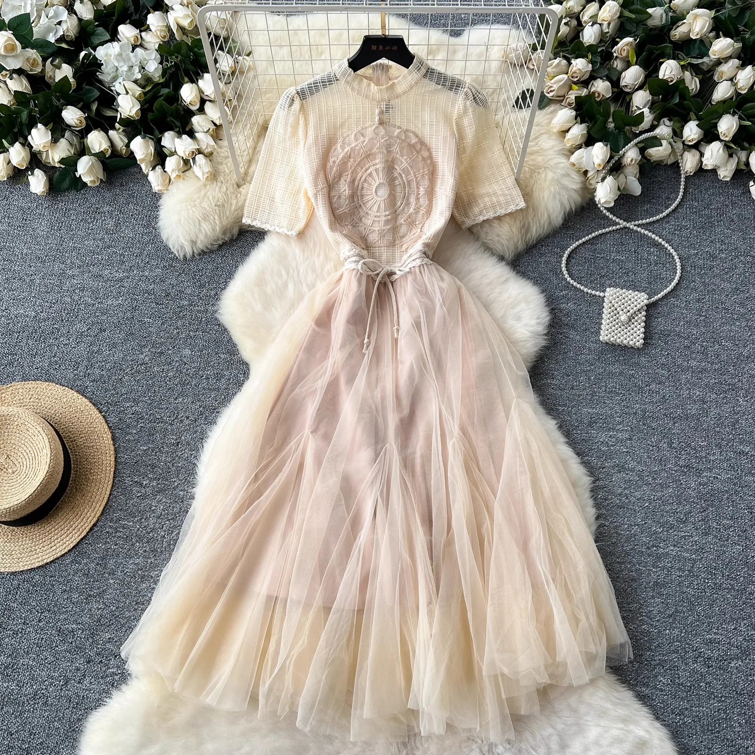 Summer Elegant Hollow Out Flower Embroidery Lace Spliced Organza Dress ...