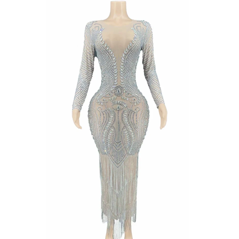 Shining-Rhinestones-Tassel-Crystal-Dress-For-Women-Sexy-Long-Split ...