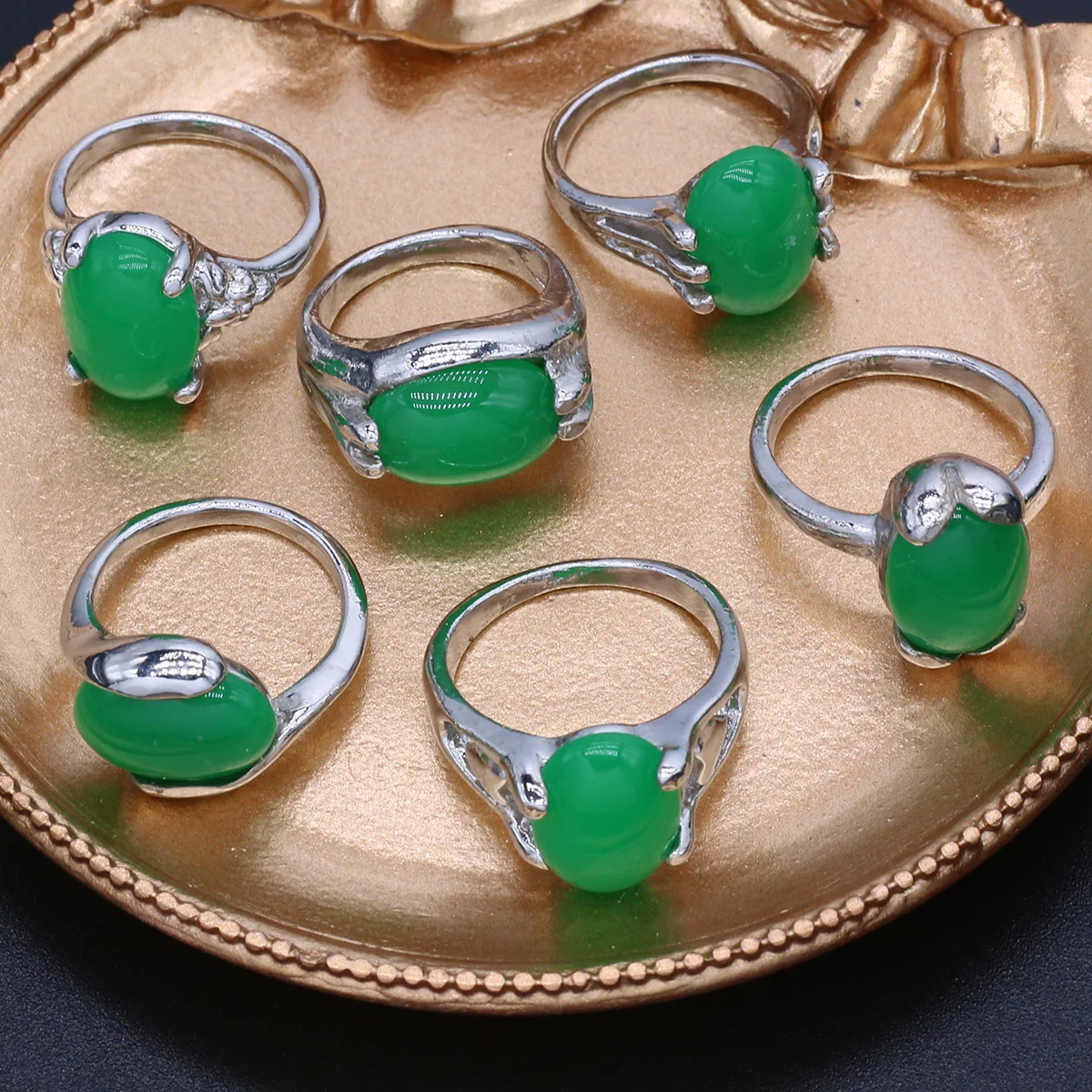 Anel de pedra natural pedra preciosa jade malaio aço inoxidável metal ...