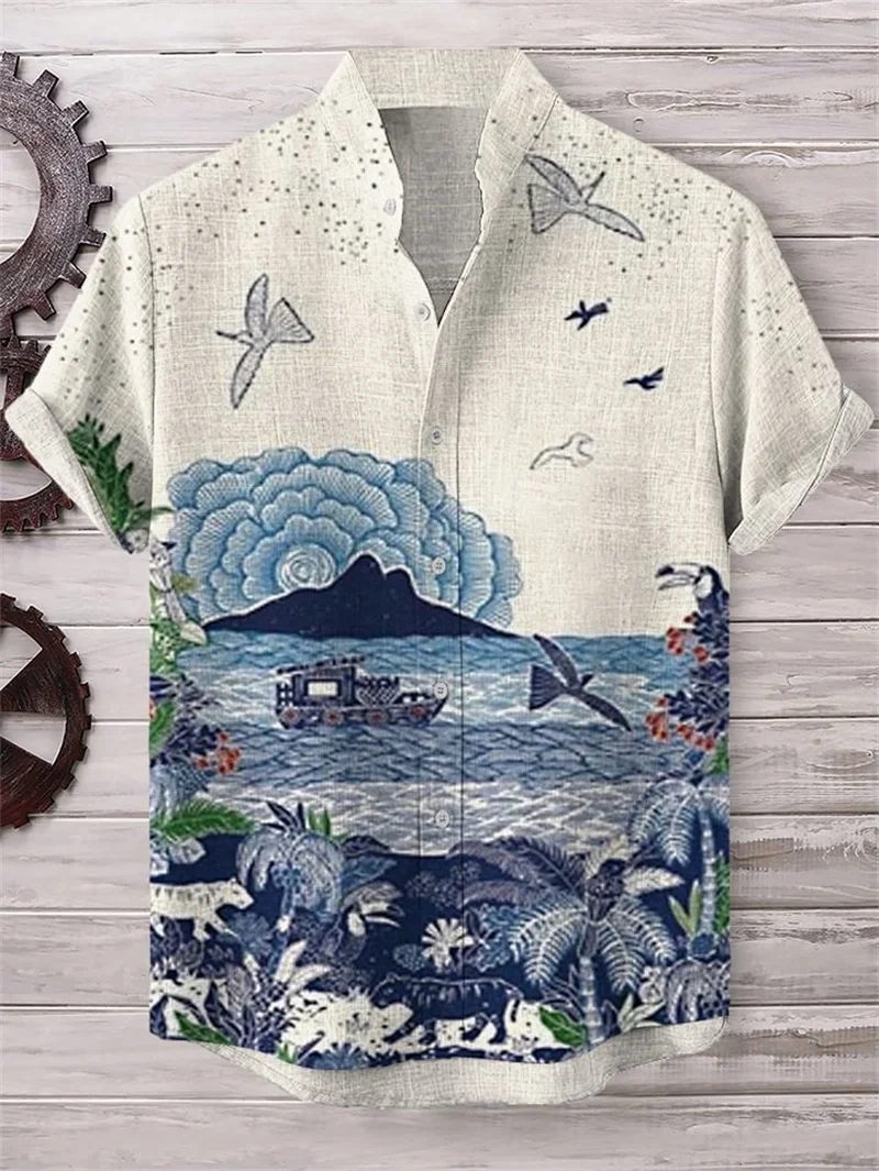 Men's linen casual shirt, fashionable wave printed Harajuku shirt ...