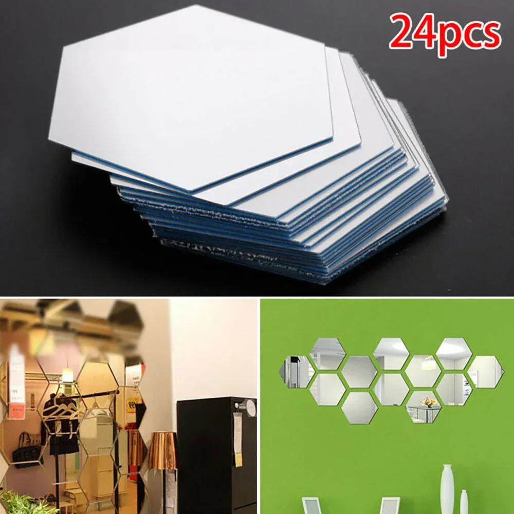 24pcs 3D Hexagon Mirror Sheets Flexible Removable Self Adhesive Mirror ...