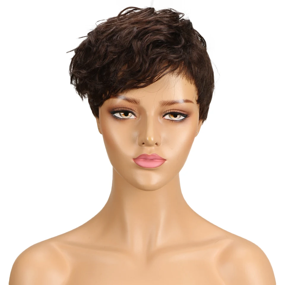 Perruque Brésilienne Naturelle Coupe Pixie pour Femme, Cheveux Courts à 4 Reflets, Densité 180% ...