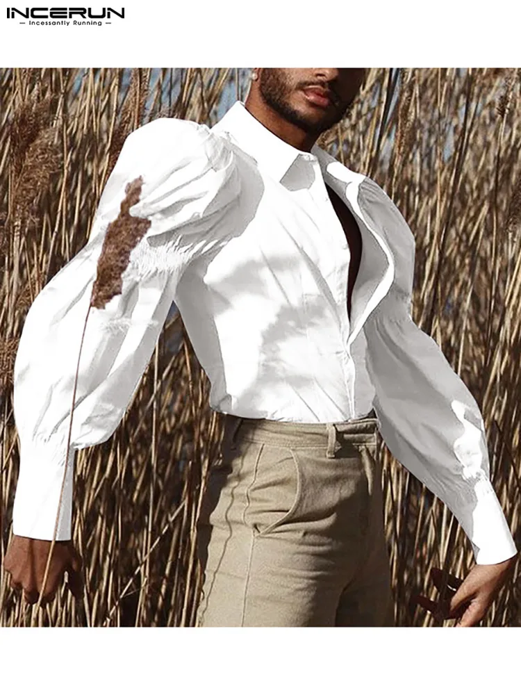 INCERUN-Men-Shirt-Solid-Color-Lapel-Long-Puff-Sleeve-Streetwear-Fashion ...