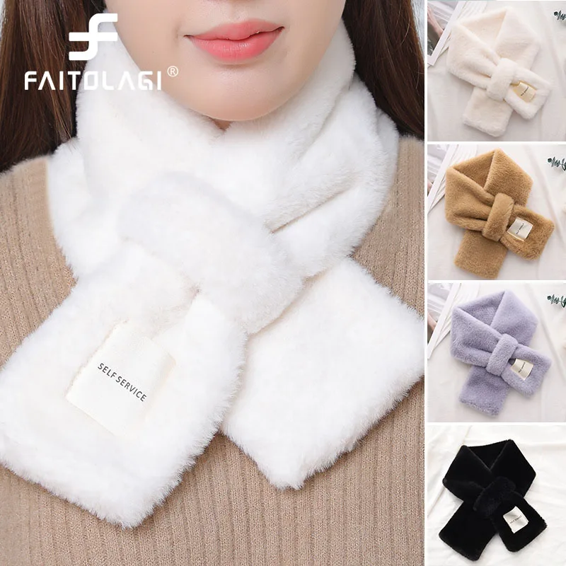 Solid Color Plush Scarf For Women Cross Neckerchief Winter Female Neck ...