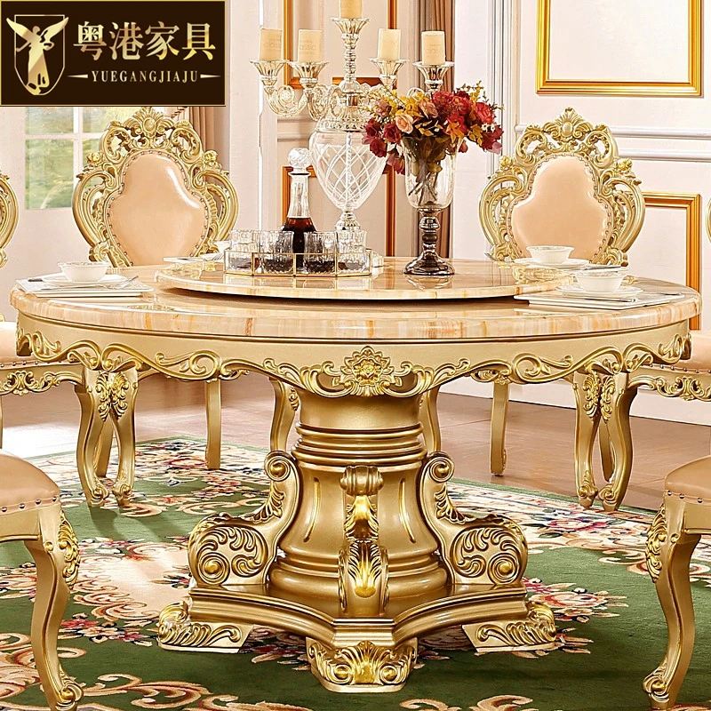 European-champagne-golden-round-table-all-solid-wood-dining-table ...
