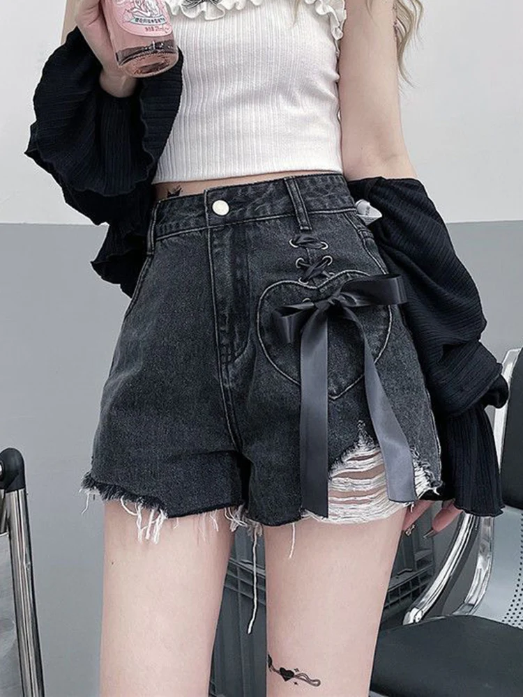 Jmprs-Y2K-Hole-Gothic-Denim-Shorts-Women-Streetwear-Bow-Lace-Up-Shorts ...