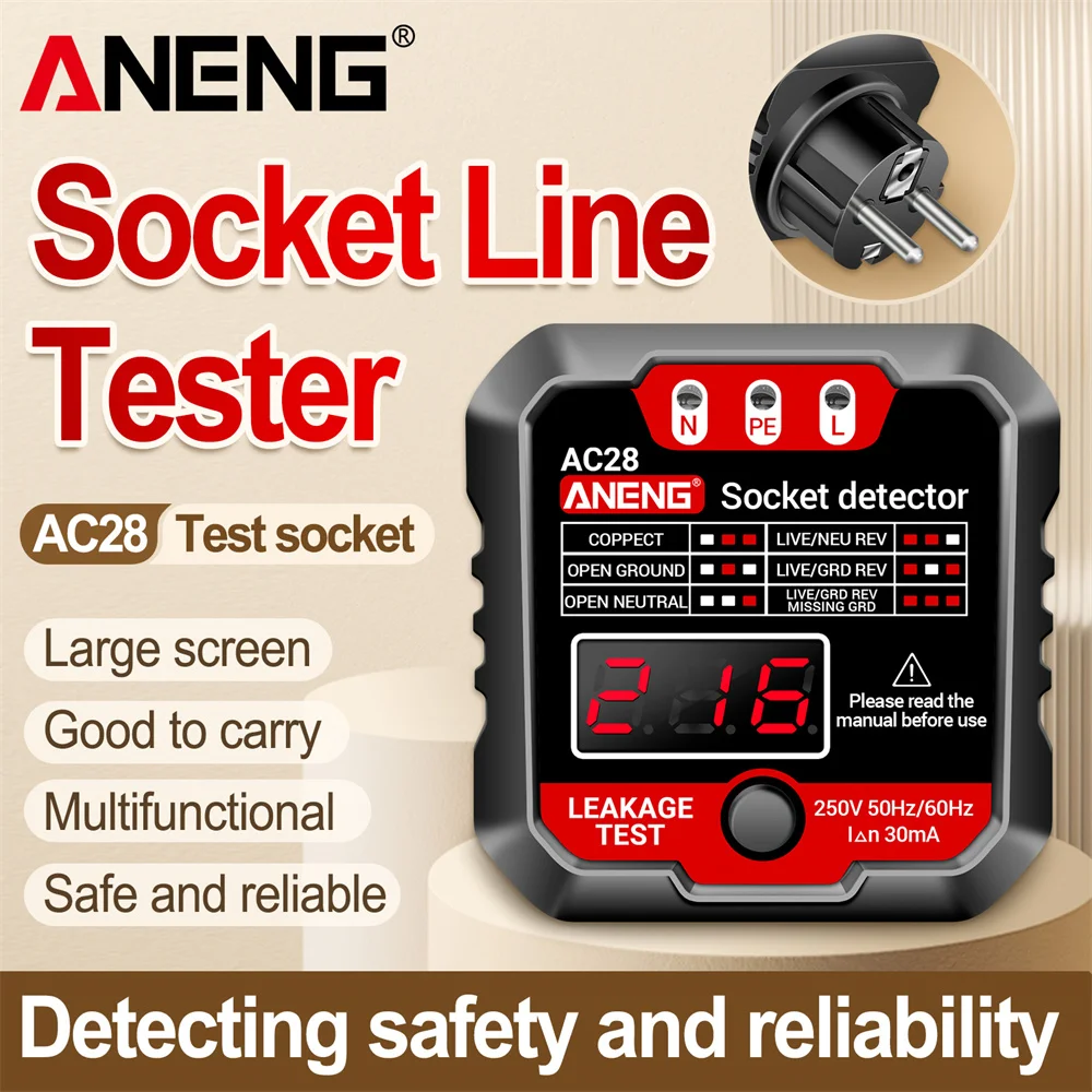 Socket Detector US/EU Plug Voltage Leakage Tripping Testing ANENG AC28 ...