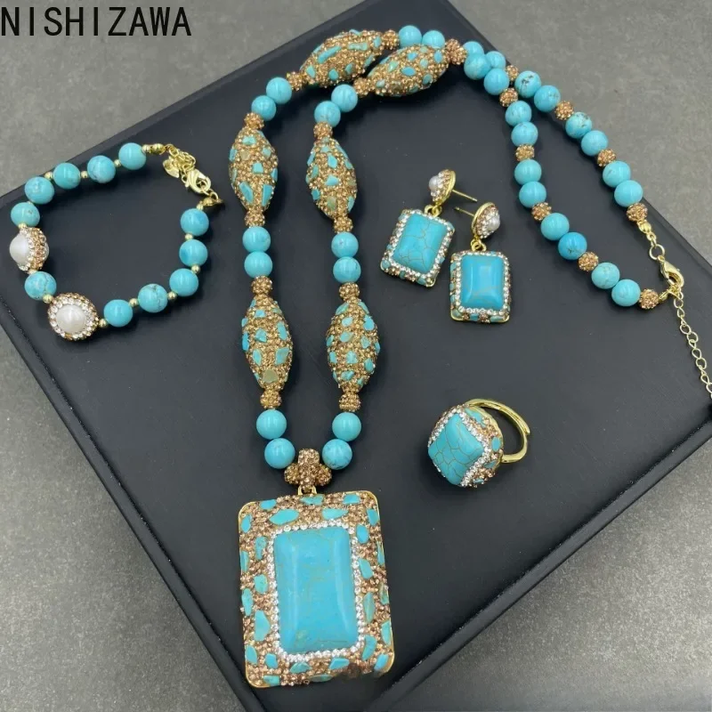 Turkish Natural Blue Turquoise Earrings Women Gemstone Rhinestone ...