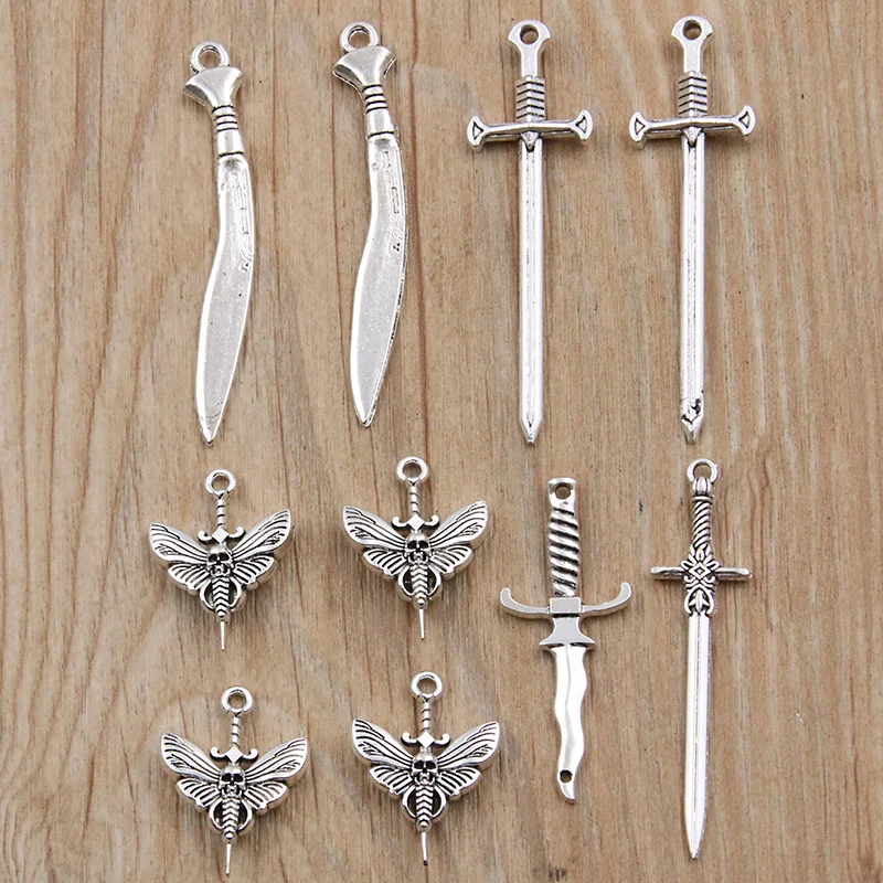 10PCS 5 Styles Wholesale Mixed Alloy Antique Knight Sword Knife Charms ...