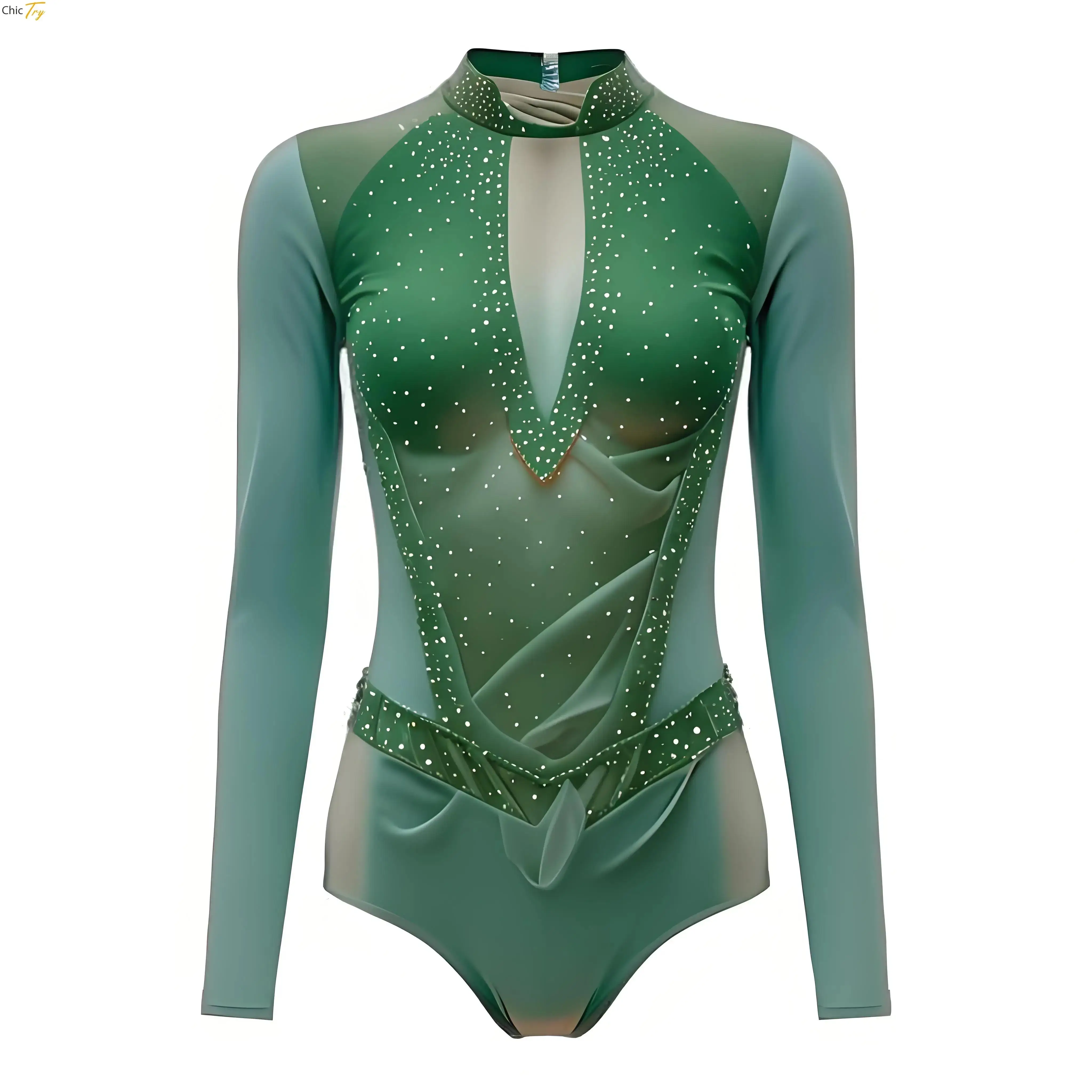 Women Gymnastics Leotard Ballet Dance Tank Unitard Long Sleeve Mesh ...