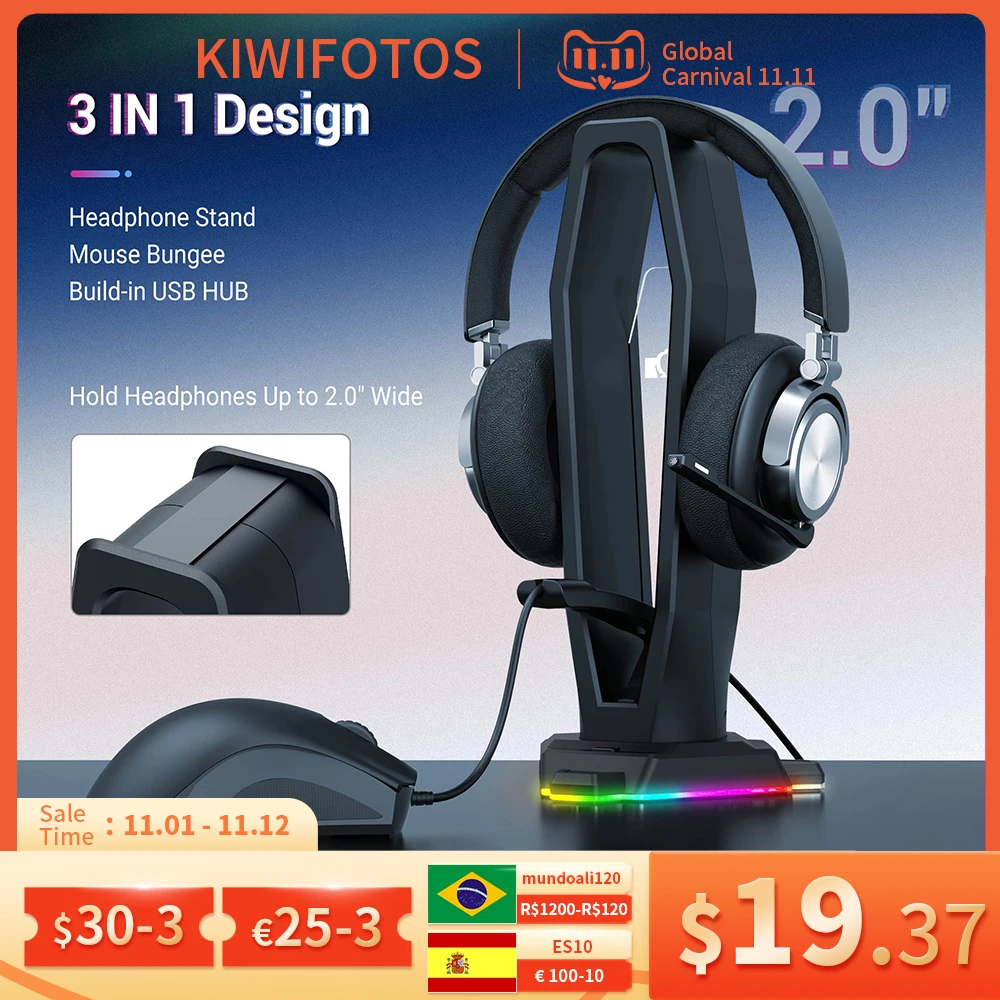 3 In 1 Rgb Gaming Headset Holder Hanger Headphone Stand Desk Display ...