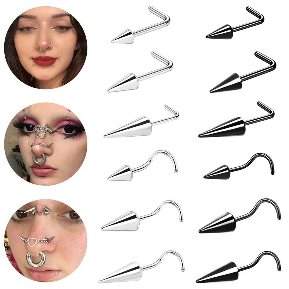 AOEDEJ-20G-6PCS-Long-Spike-Nostril-Piercing-Punk-Black-Nose-Studs-Stainless-Steel-Cone-Nostril ...