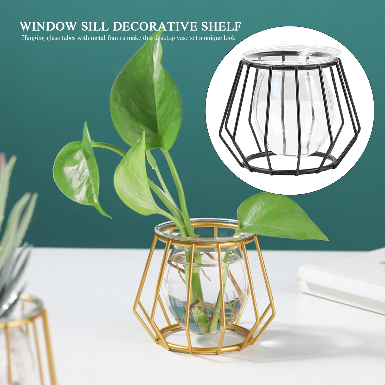 Mini Geometric Glass Flower Pot With Metal Bracket Modern Tabletop ...