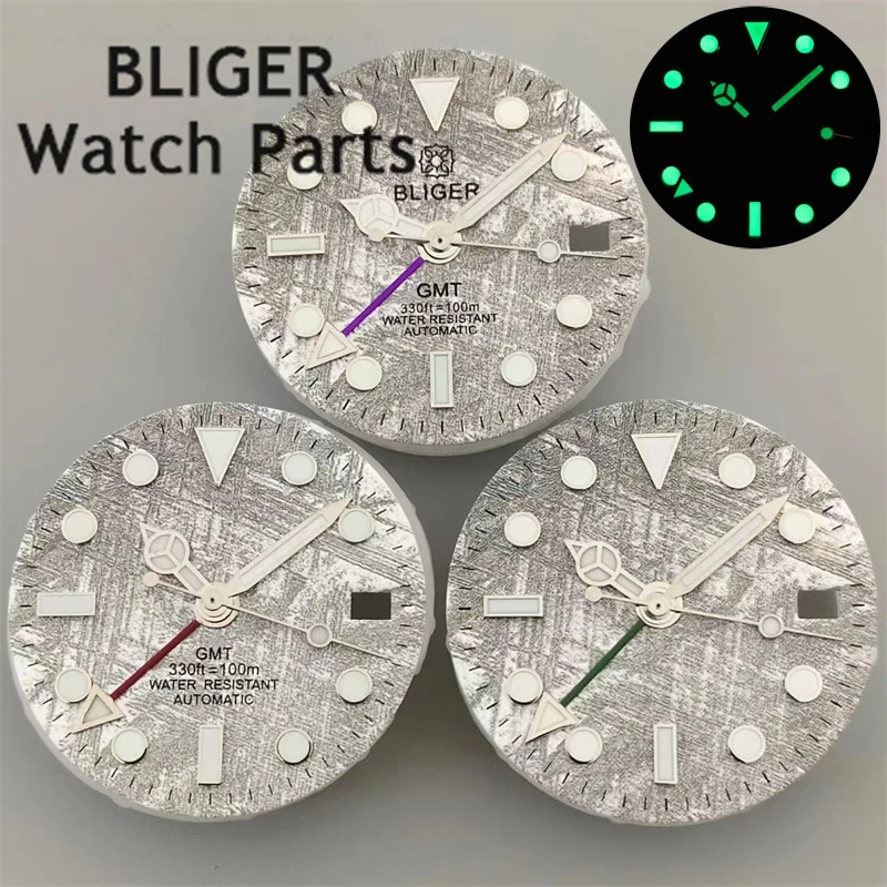 BLIGER-29mm-Meteorite-Pattern-Dials-GMT-Watch-Hands-Fit-NH34-Movement-Green-Luminous-Suitable ...