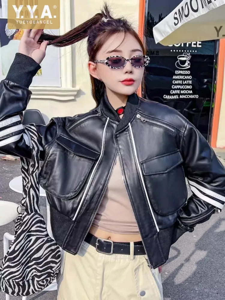 New Women Genuine Leather Bomber Jacket Stand Collar Cargo Short Coat ...