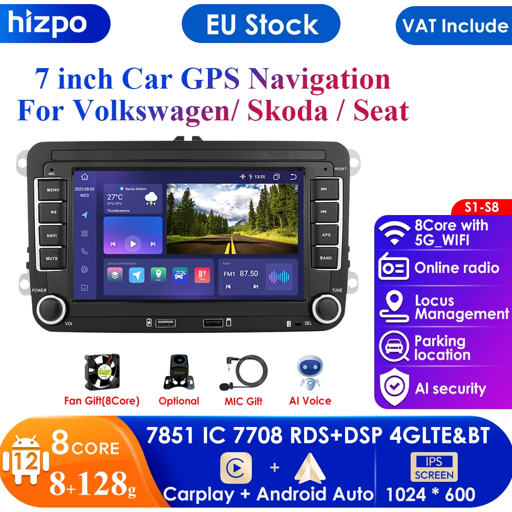 Carplay 7 cali 2 Din Radio samochodowe z androidem GPS VW Volkswagen Skoda Octavia Golf 5 6 ...