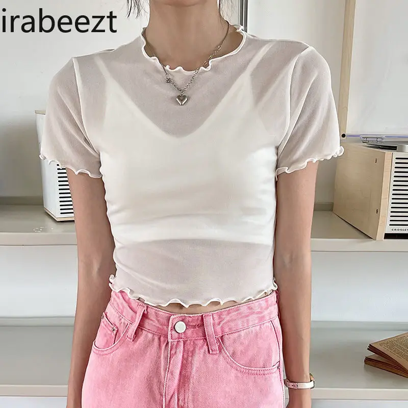 See-Through-Lace-Bottom-Women-s-Summer-Short-Sleeve-T-shirt-Thin-Muslin ...