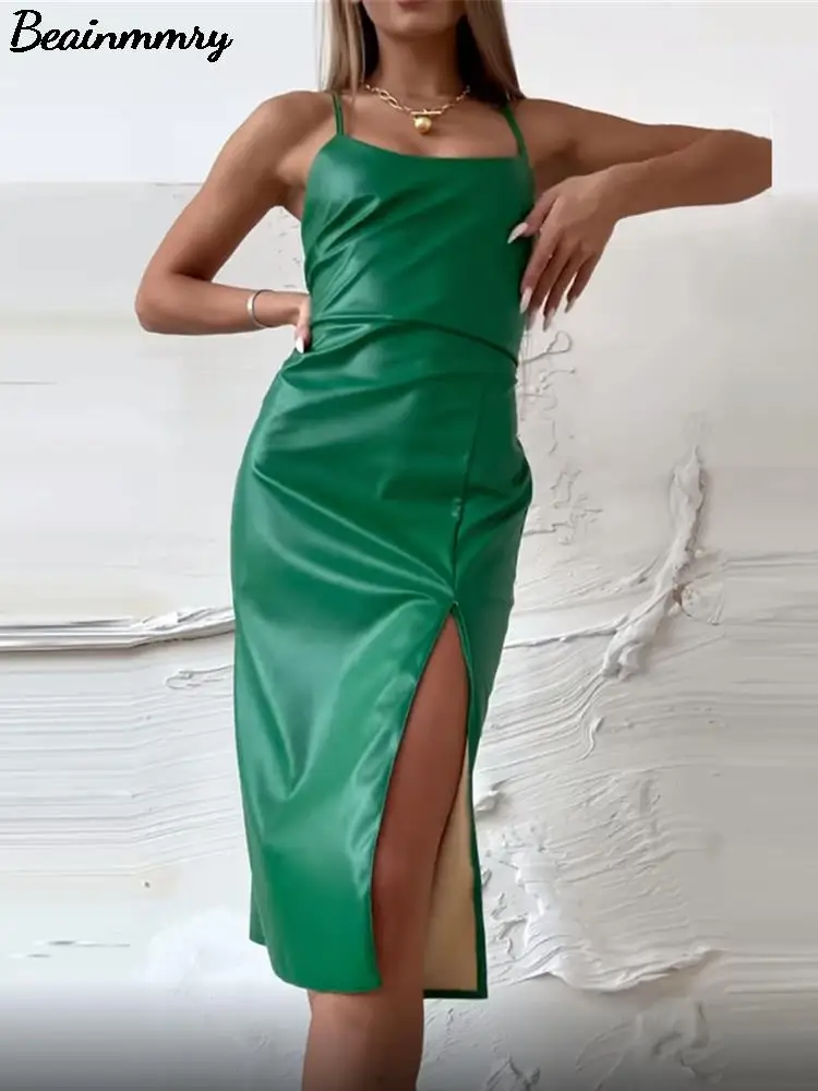 Vestido Retro de cuero medio con tirantes para mujer, traje Sexy de PU ...