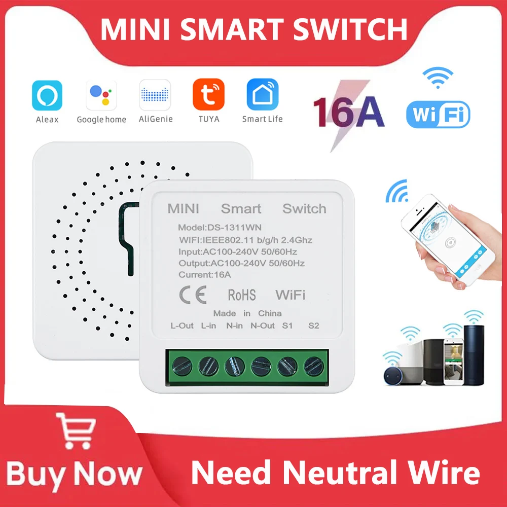 Mini DIY Smart Switch Tuya WiFi Light Switches Module Need Neutral Wire ...
