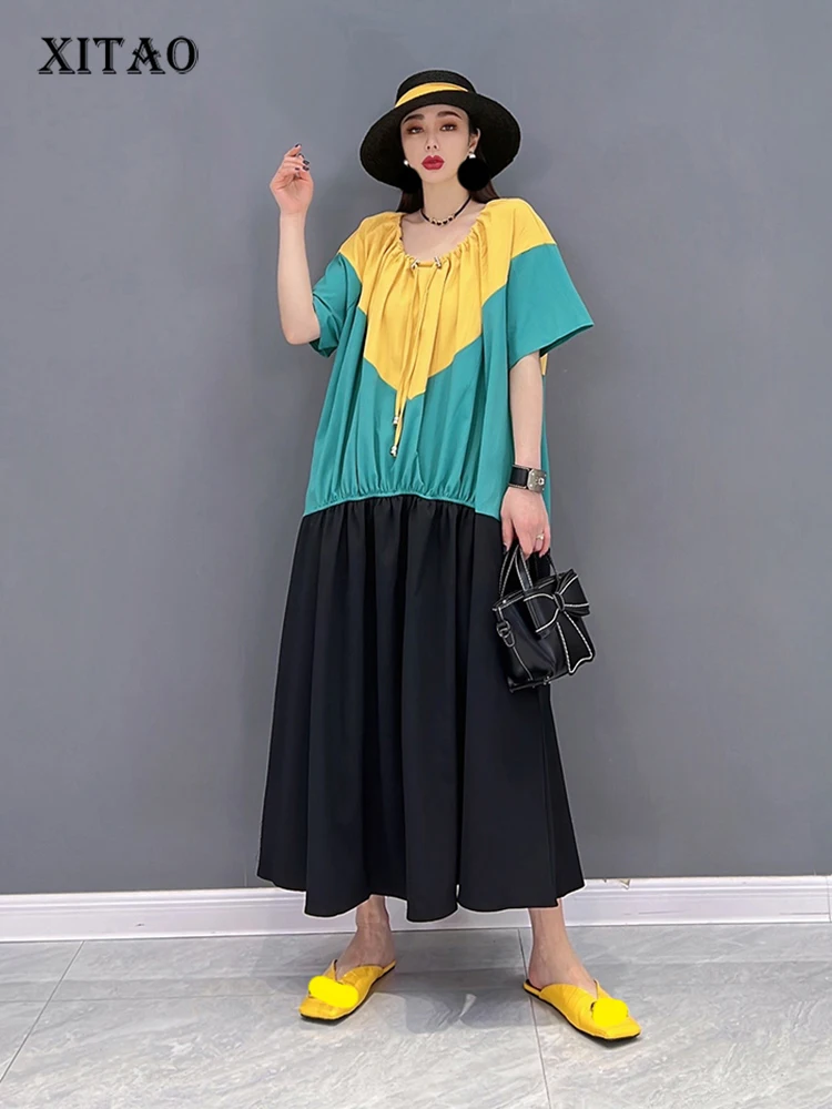 XITAO False Two Piece T shirt Dress Contrast Color Splicing Fashion ...