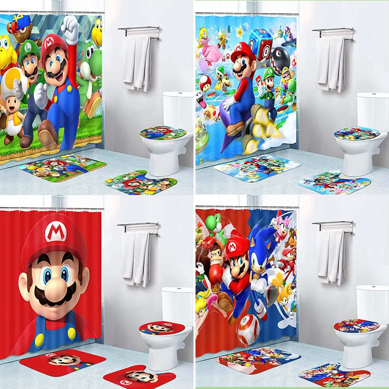 4-Pcs-Set-Kawaii-Sonic-Mario-Shower-Curtain-Anime-Non-Slip-Waterproof ...