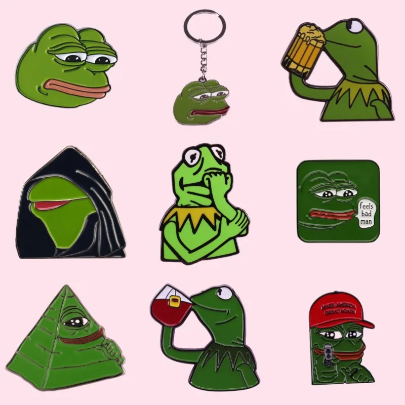 Fun-Green-Pepe-Frog-Meme-Enamel-Pins-Custom-Pyramid-Thinking-Drink ...
