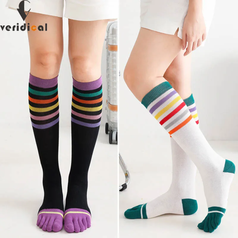 Long-5-Finger-Socks-Women-Stockings-Cotton-Striped-Solid-Young-Soft ...