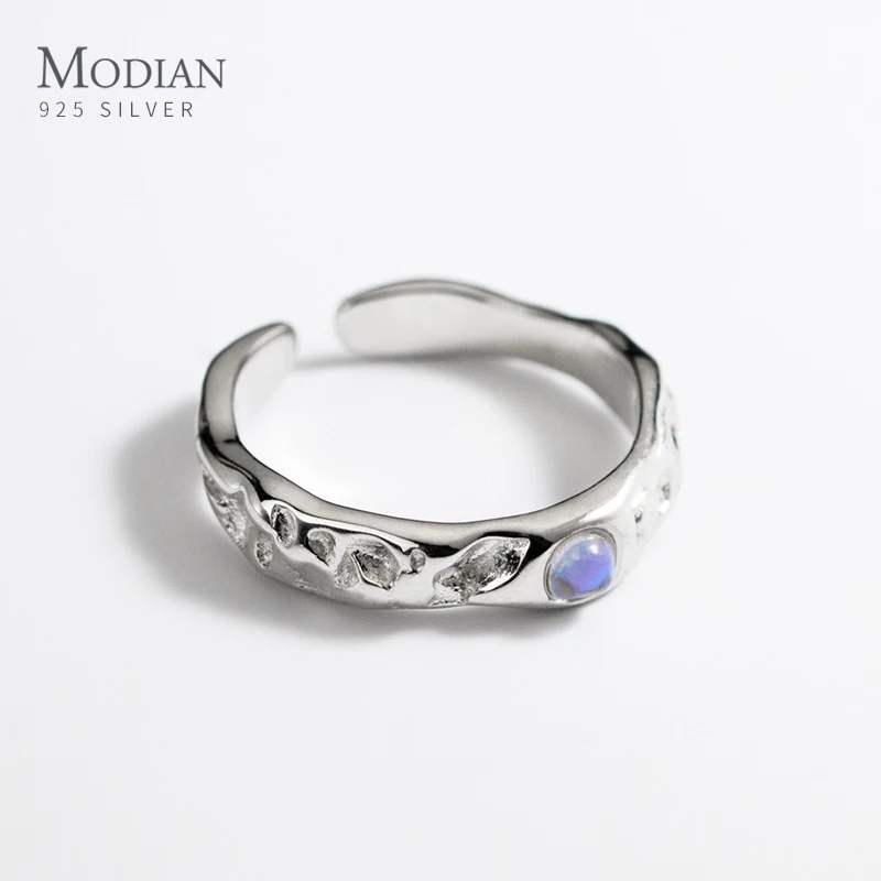 MODIAN-925-Sterling-Silver-Exquisite-Moonstone-Open-Size-Ring-Irregular-Broken-Silver-Block-Ring ...