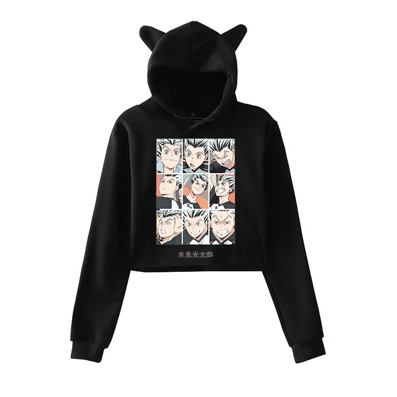 Hoodies Crop Top Women Animes | Japanese Sweatshirts Haikyuu - Black ...