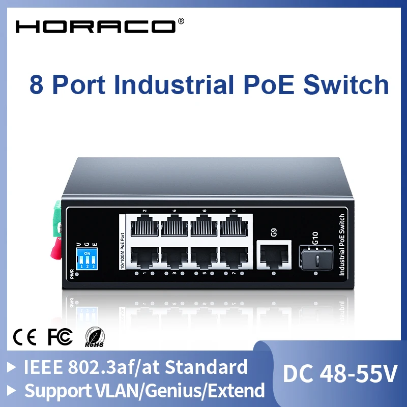 HORACO Industrial POE Switch 10 Port 100Base-T DIN Rail Wall Mounted ...